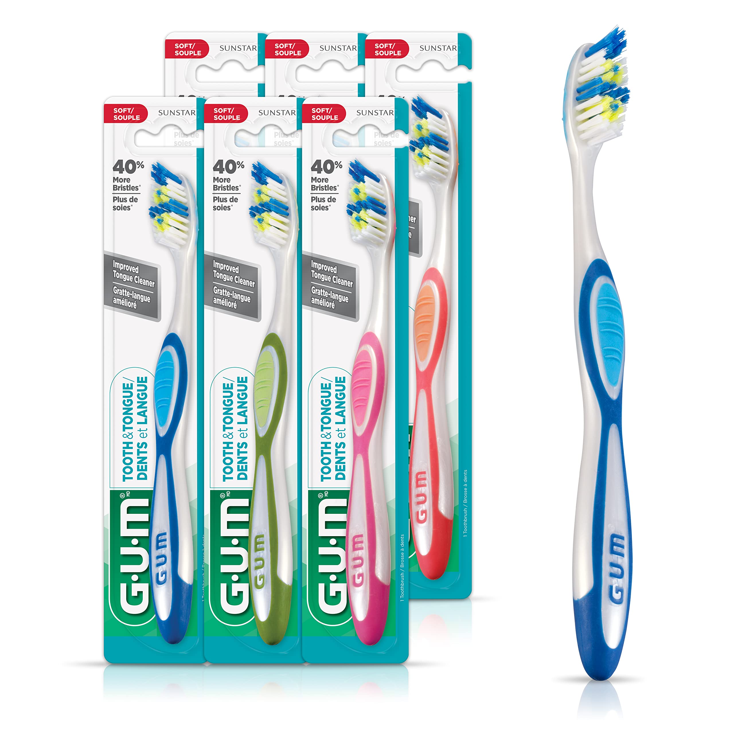 GUM Tooth & Tongue Toothbrush, Full, Soft Bristles, 6 Toothbrushes (6 ...
