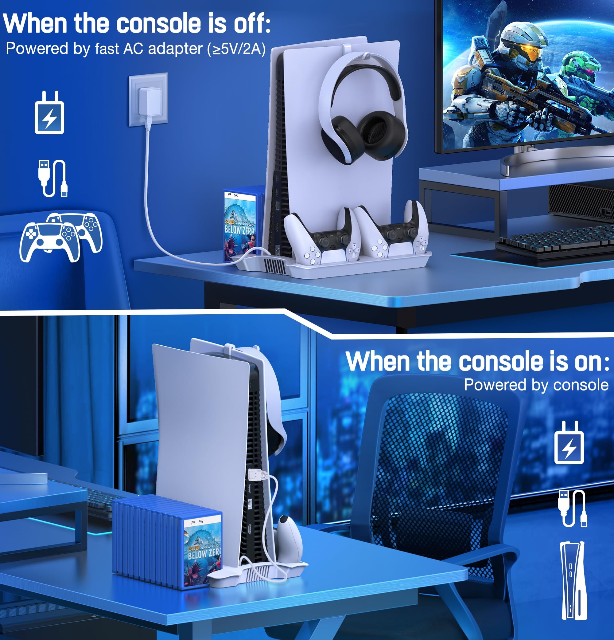 PS5 Stand with 3-Speed Cooling Fan, PS5 Accessories incl. Dual PS5 ...