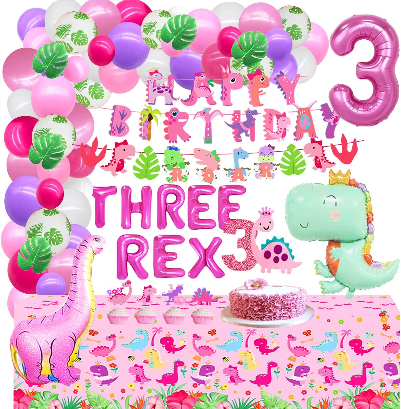Amazon.com: Pink Dinosaur Party Supplies For Girls 3rd Birthday，Three ...