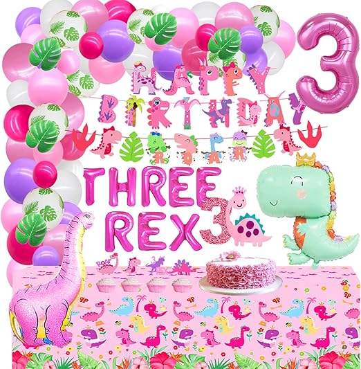 Amazon.com: Pink Dinosaur Party Supplies For Girls 3rd Birthday，Three ...