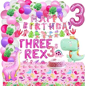 Amazon.com: Pink Dinosaur Party Supplies For Girls 3rd Birthday，Three ...