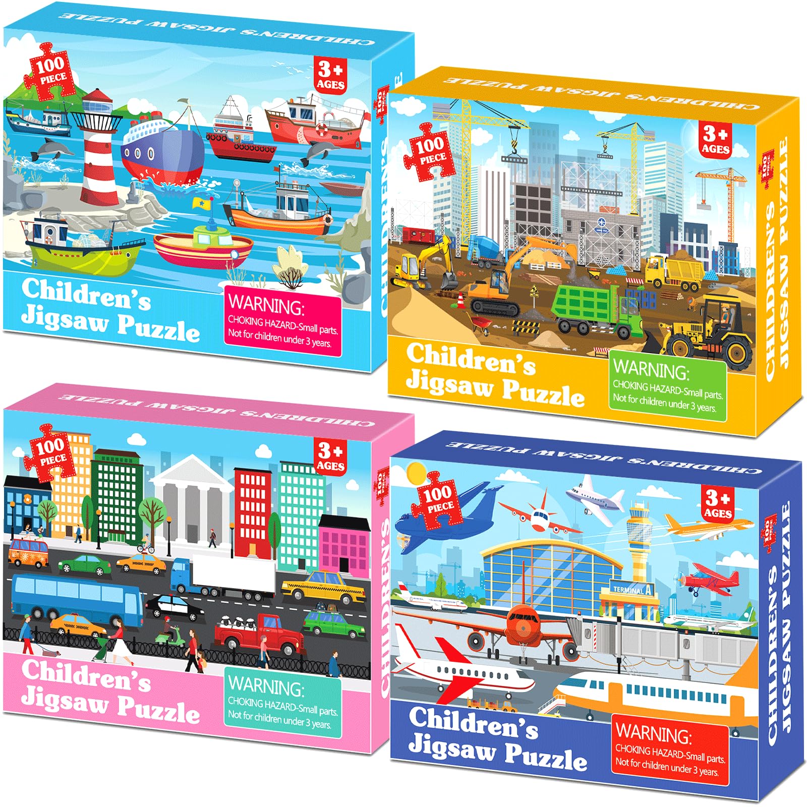 Amazon.com: 4 Packs 100Pcs Transportation Puzzles for Kids Ages 4-6 ...