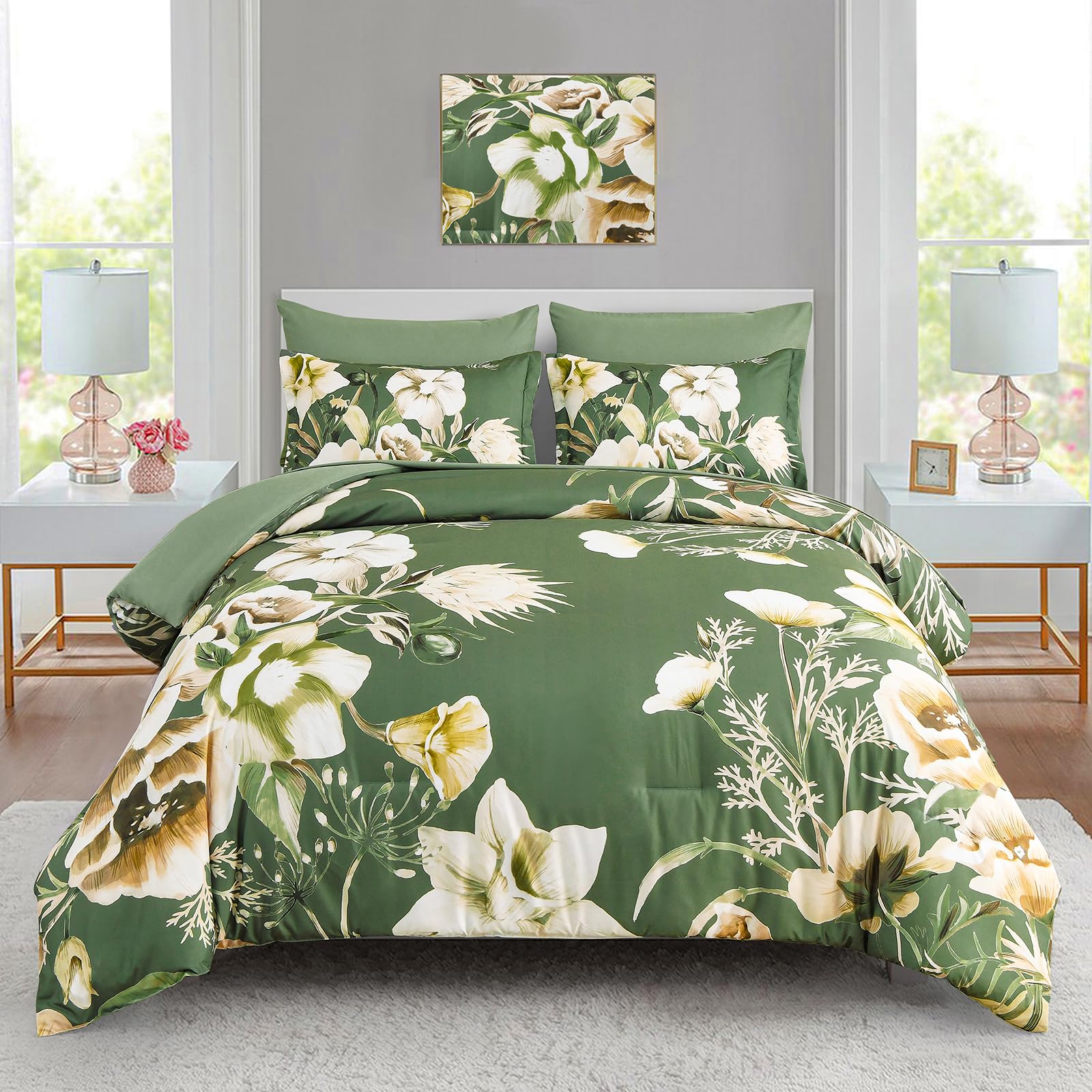 Amazon.com: Luxudecor Floral Comforter Set Queen Size 7 Piece, Olive ...