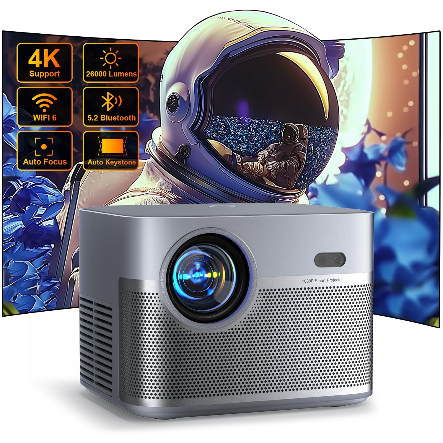 [Auto Focus & Keystone] Projector 4K, WiFi Bluetooth Projector 26000L ...
