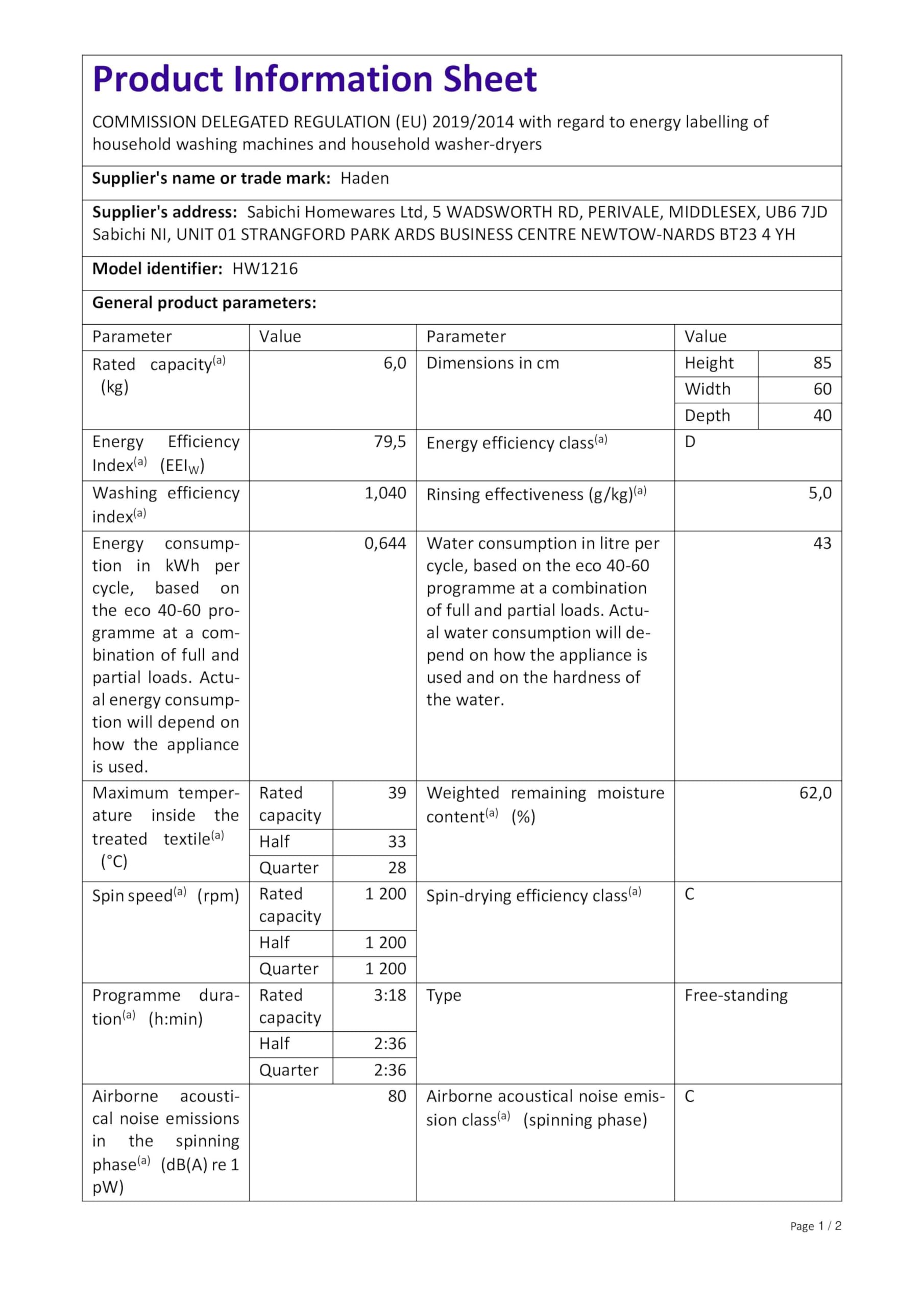 Haden Freestanding Washing Machine - 6kg Capacity - Efficient 1200 Spin ...