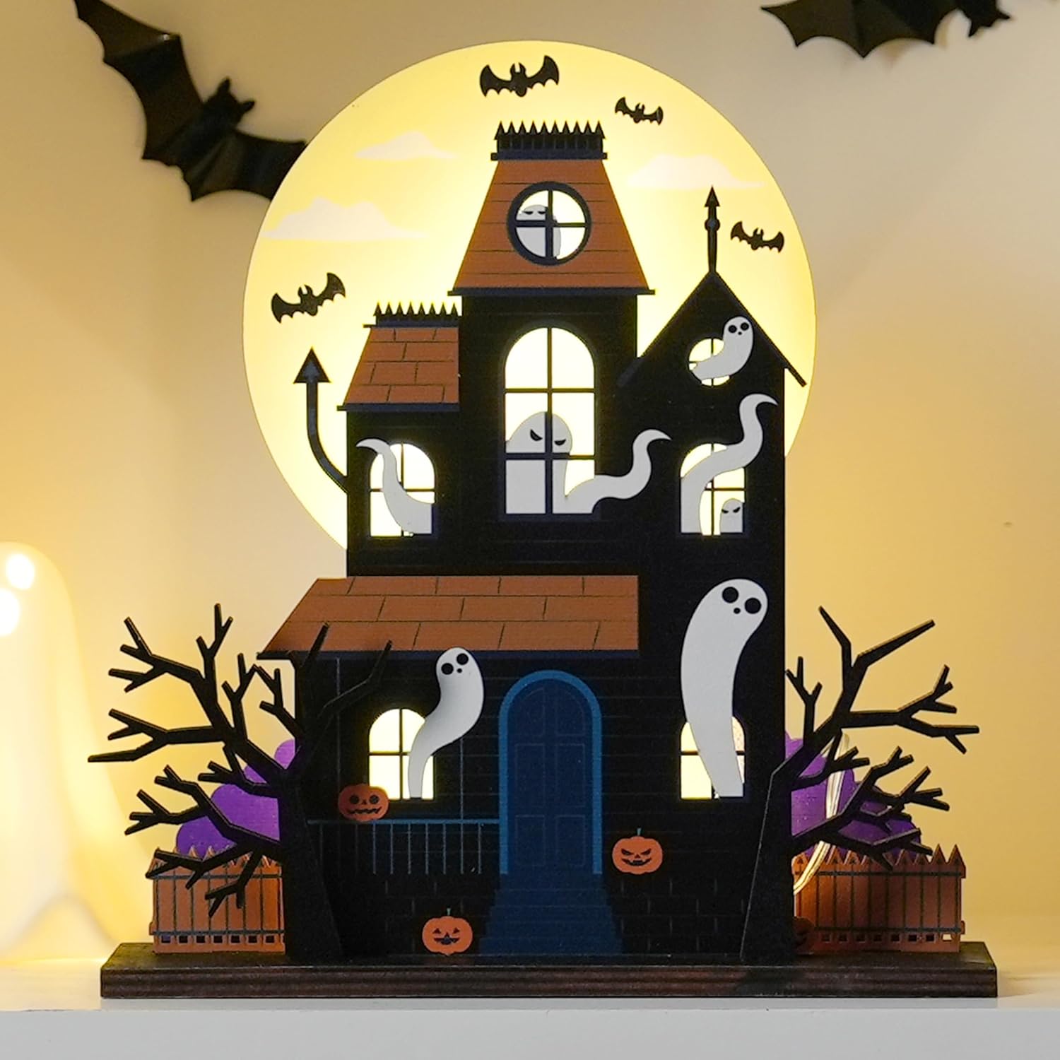 Amazon.com: FESTGLOX Halloween Tabletop Decoration, Wooden Lighted ...