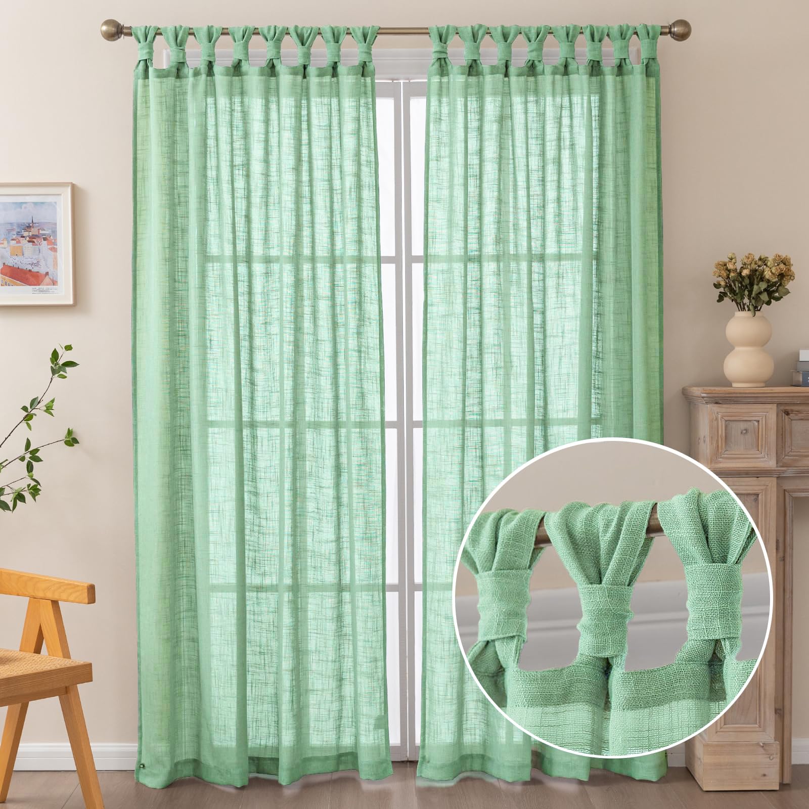 Amazon.com: BRIGHTSHEER Green Linen Curtain 2 Panels, Semi Sheer ...