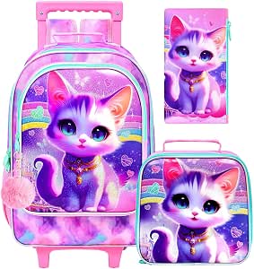Amazon.com | HPJGD 3PCS Cat Rolling Backpack for Girls, Kids School ...