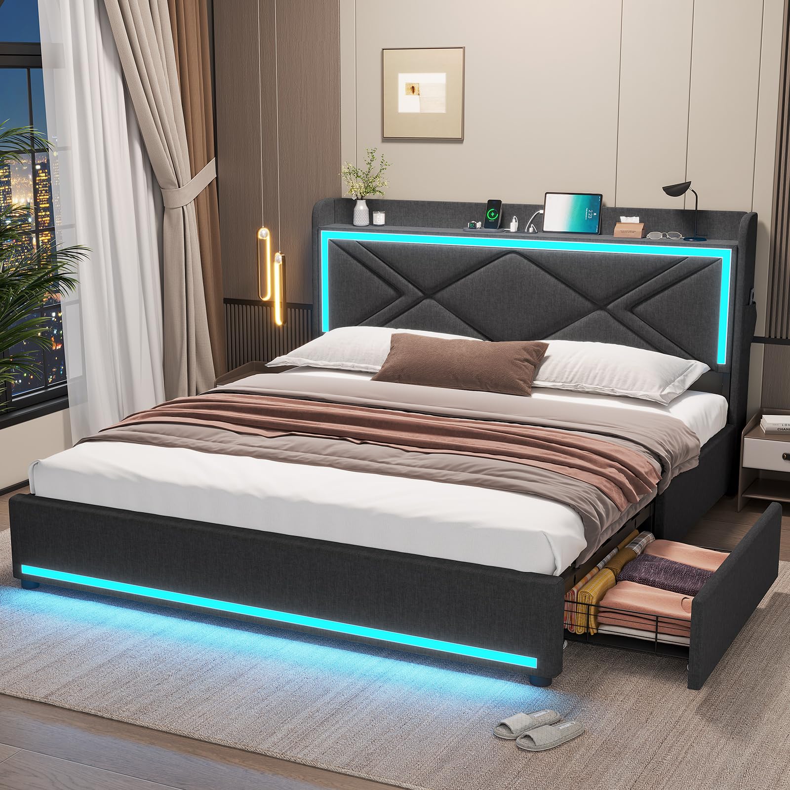 Amazon.com: HAUOMS Queen Bed Frame with Stoarge Drawers and LED Lights ...