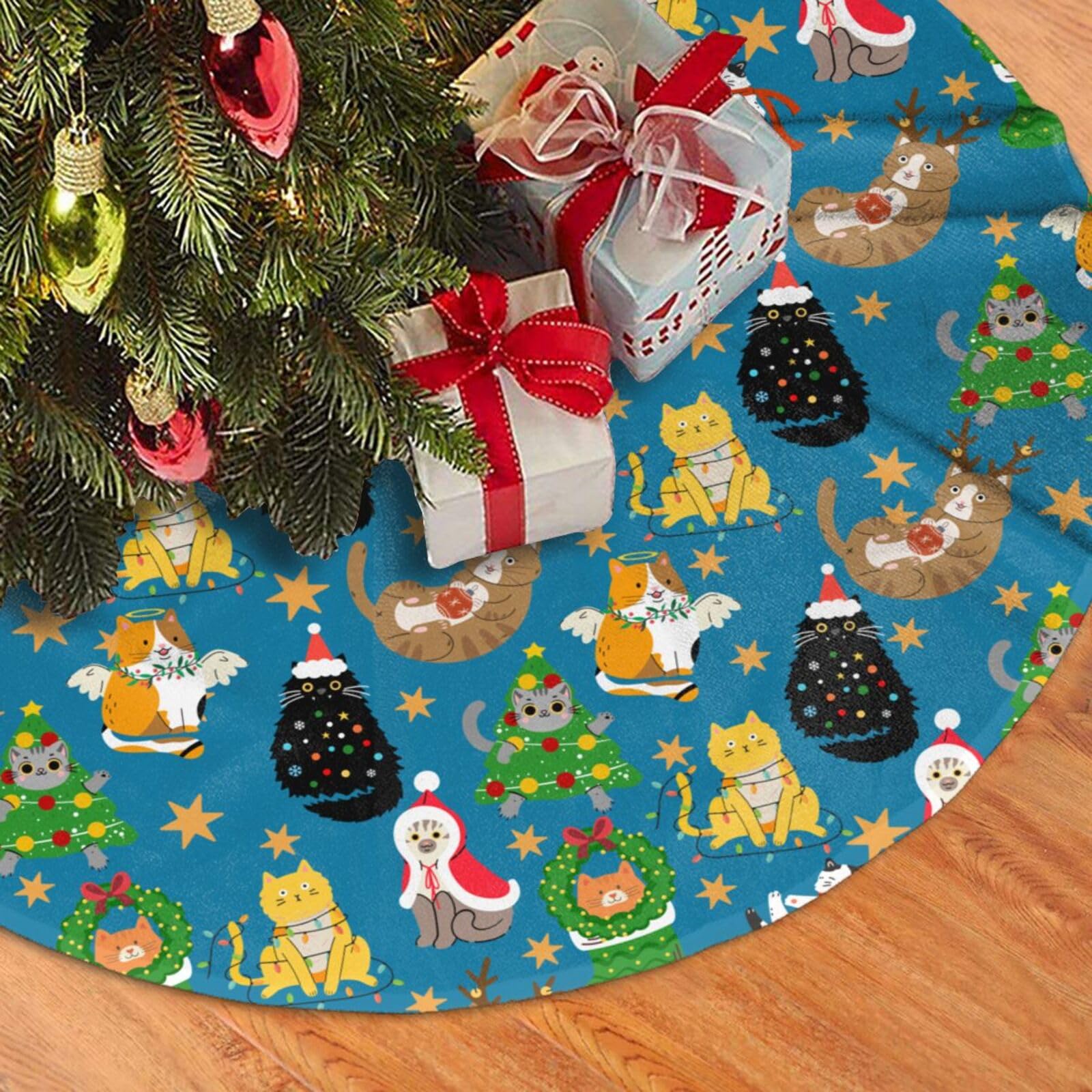 Amazon.com: Cute Cats Christmas Tree Skirt, 30 inches Blue Kawaii ...