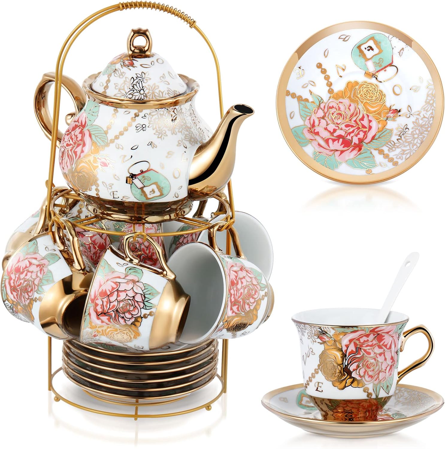 Amazon.com | Zhehao 20 Pcs Porcelain Tea Set with Metal Holder and ...