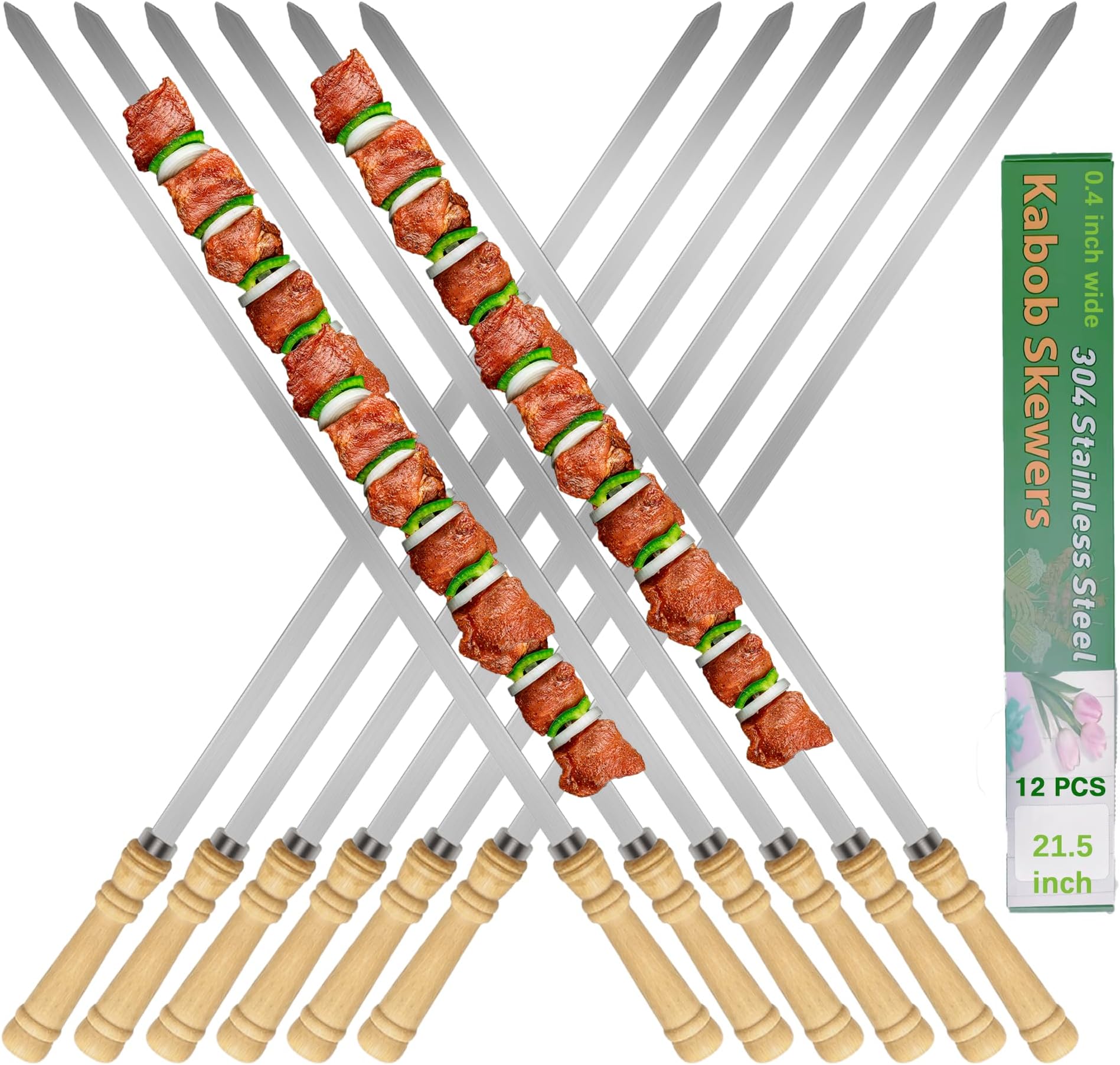 Amazon.com : Minatee 12'' Barbecue Skewers Stainless Steel with Wood ...