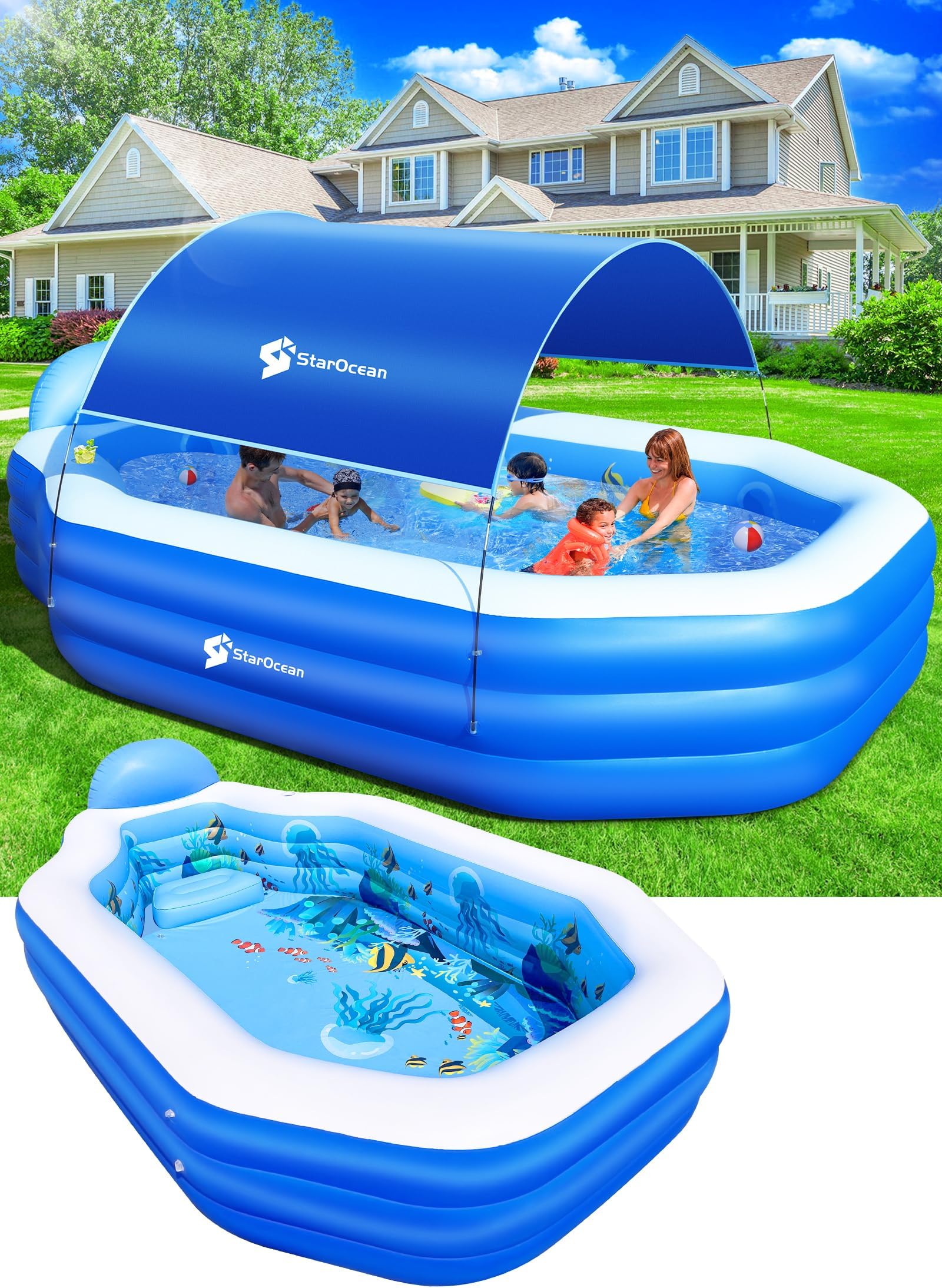 Amazon.com: Large Inflatable Swimming Pool with Canopy, 150” x 70” x 20 ...