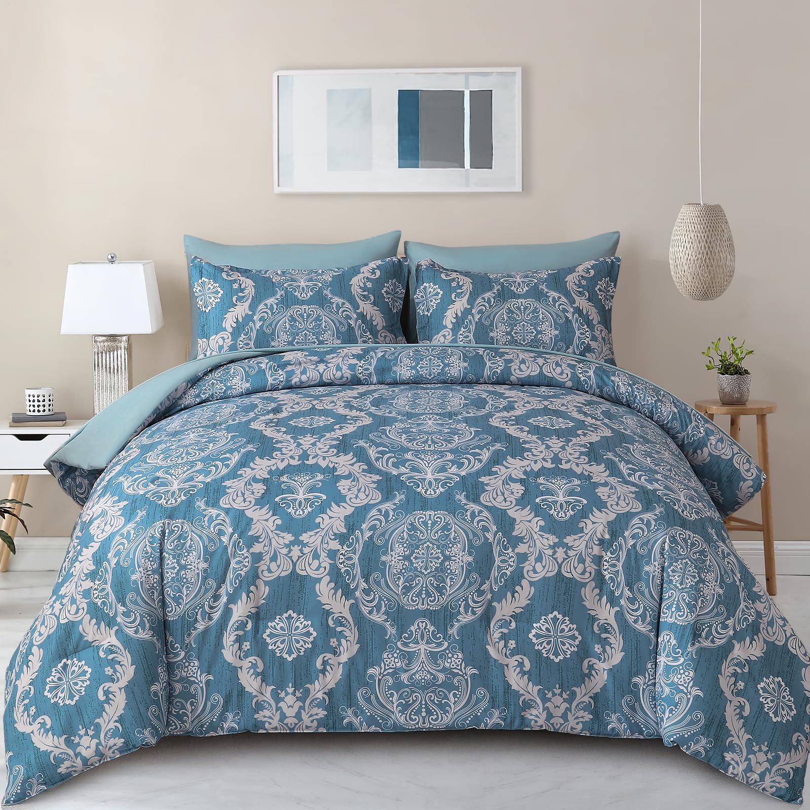 Amazon.com: WONGS BEDDING Blue Comforter Set Queen Size,Light Blue ...