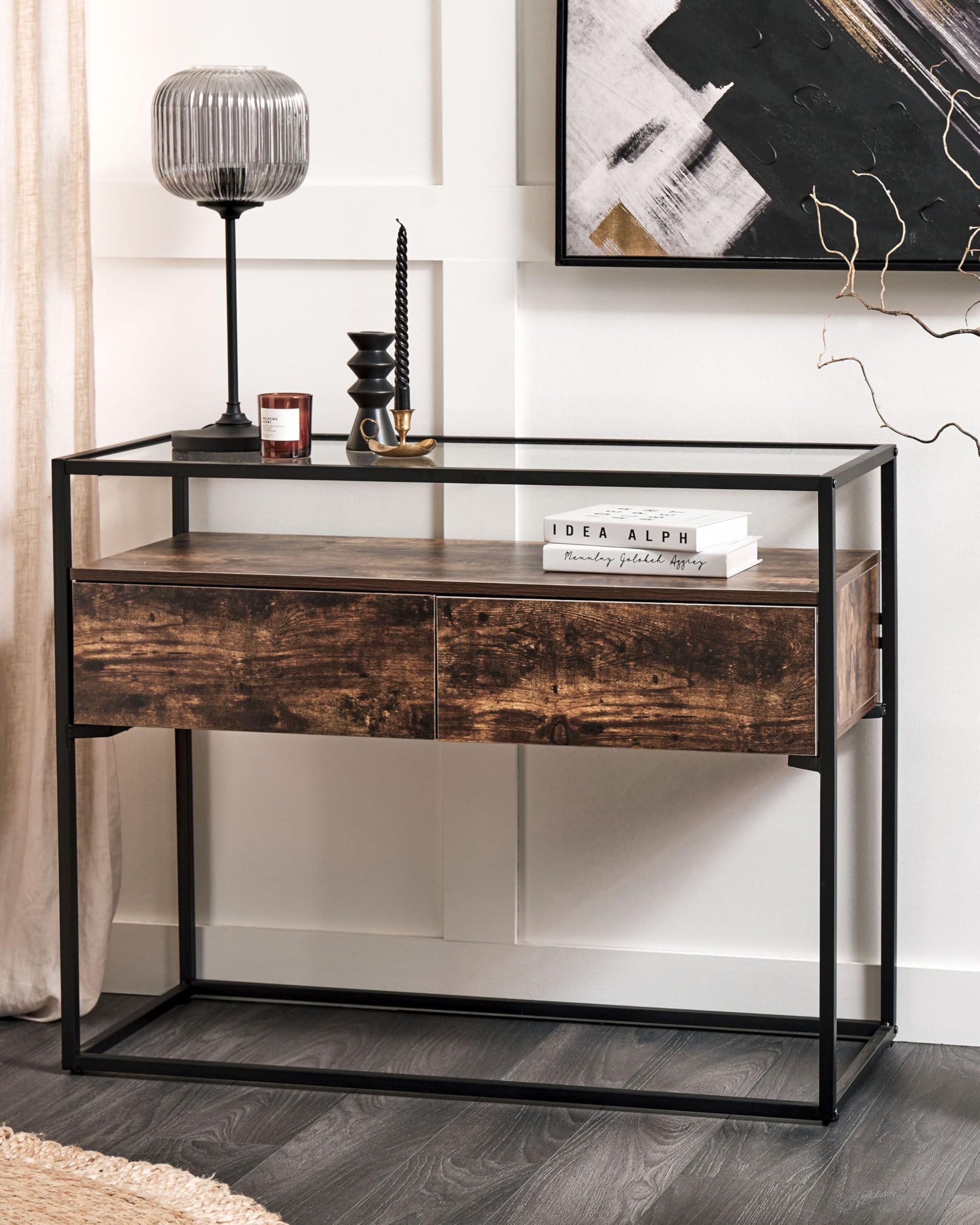 Glass And Metal Console Table With Two Drawers Stead Rattan Half Moon