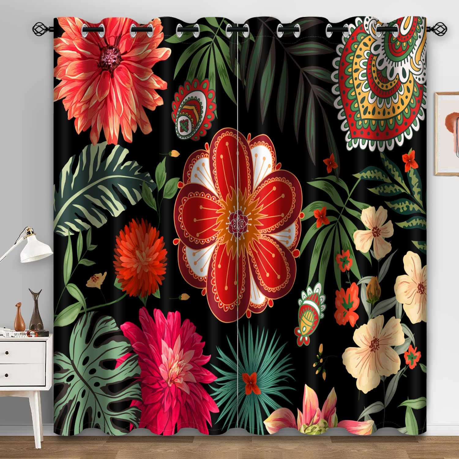 Amazon.com: Boho Floral Retro Blackout Curtains: Aesthetic Color Abstract Bohemian Flower Print ...