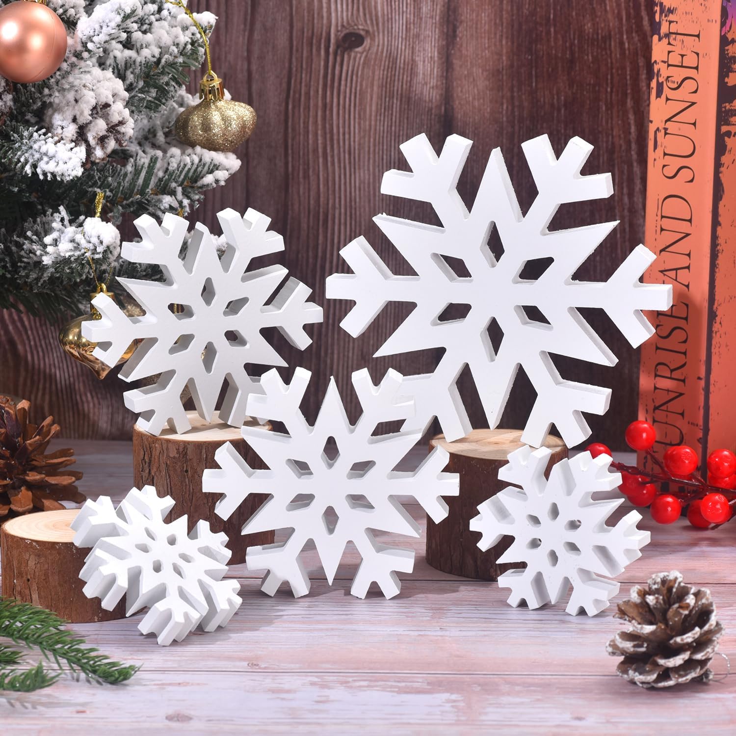Amazon.com: GHOSTMAGIC 5Pcs Christmas Snowflake Wooden Tabletop Decor ...