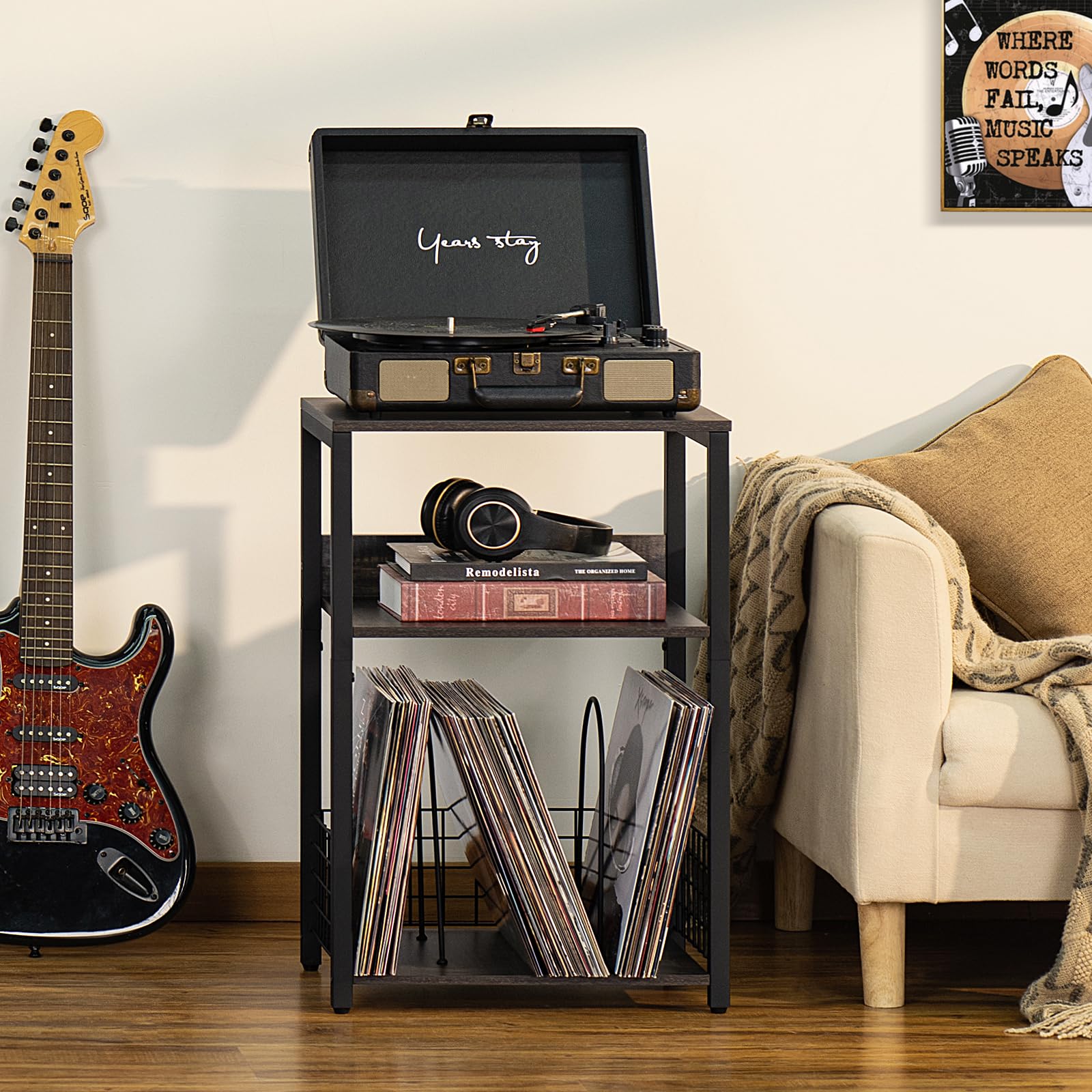 LELELINKY Farmhouse End Table,3 Tier Record Player Stand with Storage ...
