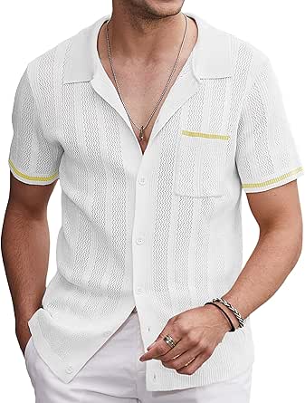 Amazon.com: COOFANDY Men Short Sleeved Vintaged Casual Shirts Knit Summer Button Down Polo Shirt ...