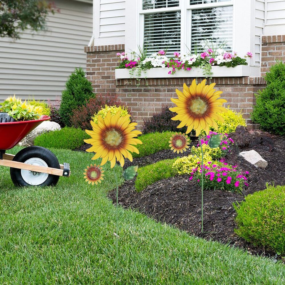 Metal Garden Decor 2-Pack Giant Sunflower Garden Stakes - Wind ...