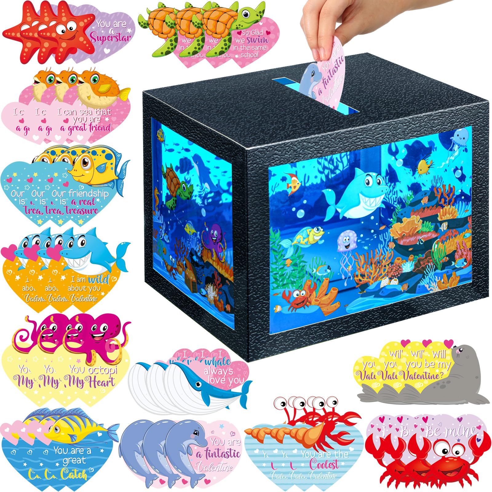 Valentines Day Card Box for Kids with 36 Sea Ocean Animals Cards Pink ...