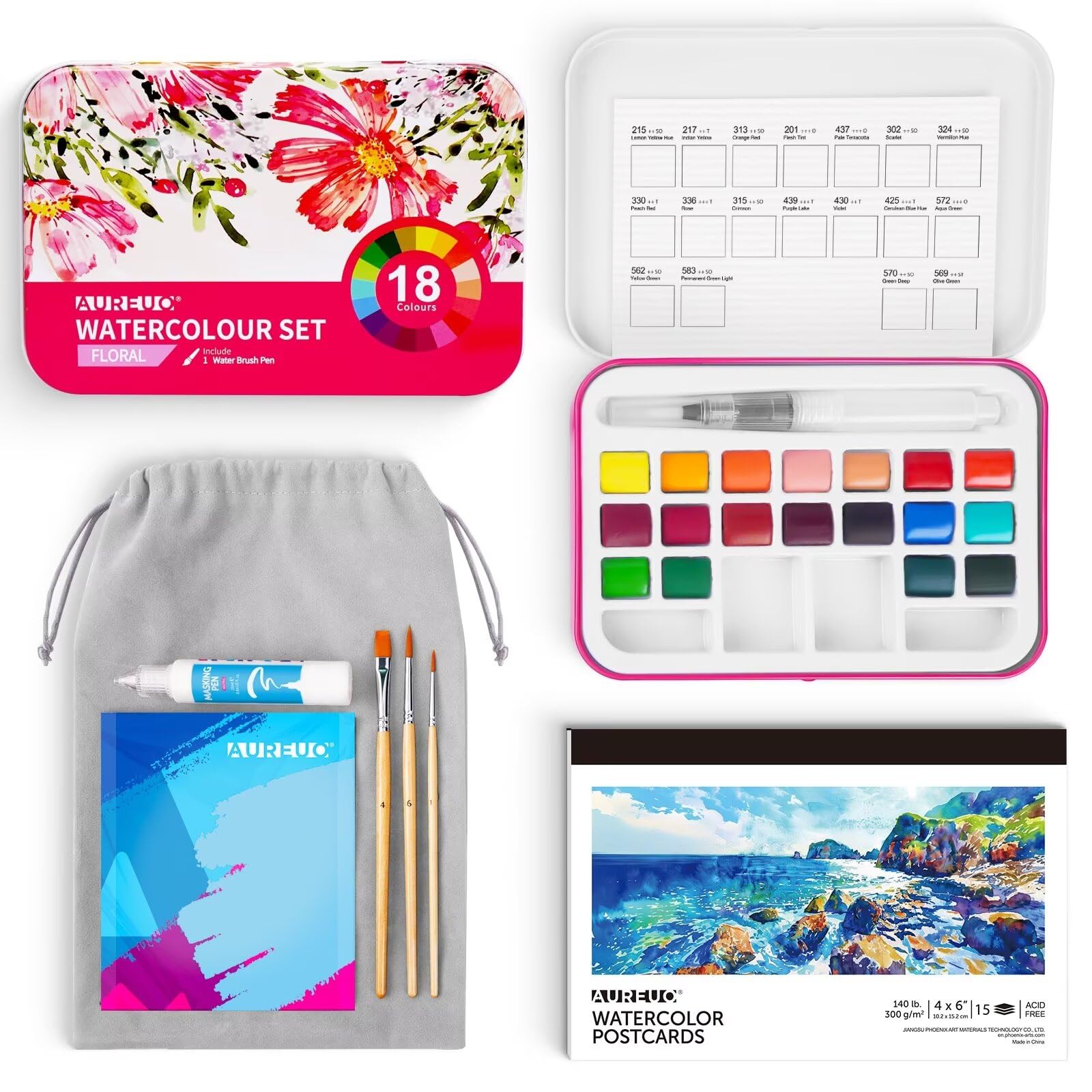 Amazon.com: AUREUO Travel Watercolor Set - 18 Floral Color Watercolor ...