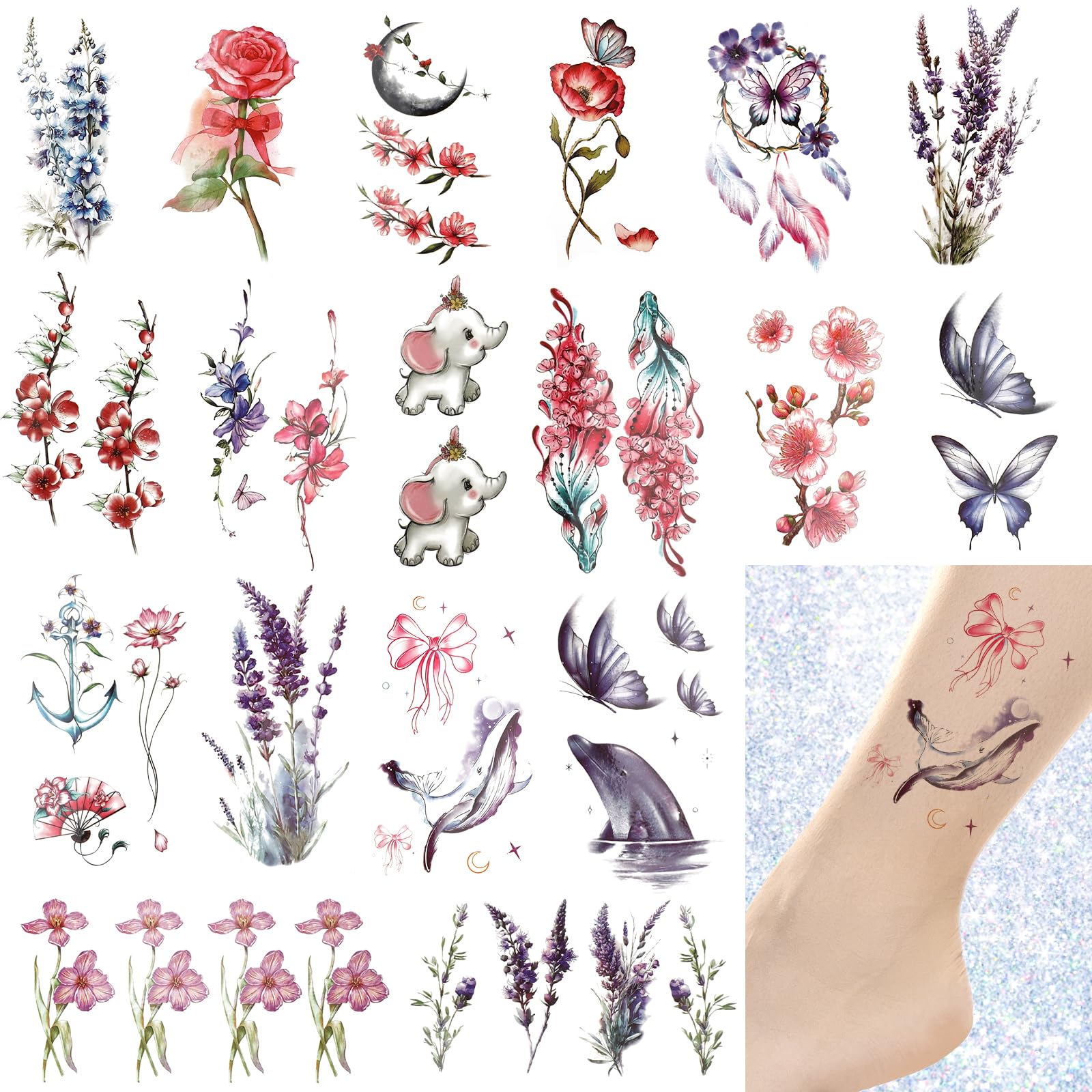 Jeffdad 18 Sheets Flowers Temporary Tattoos Stickers, Large Watercolor ...