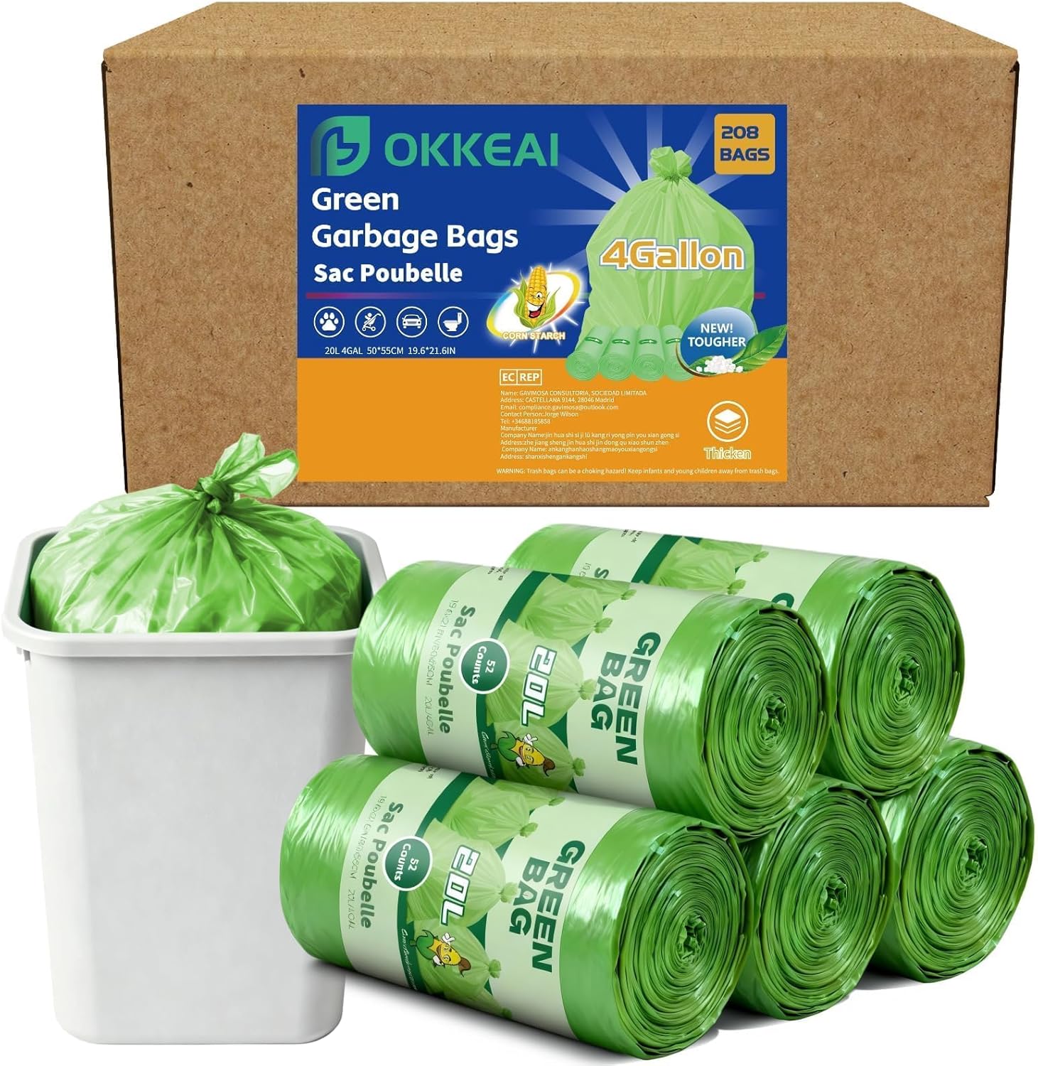 OKKEAI 4 Gallon Small Trash Bags 208 Count 20L Compostable Garbage Bags ...