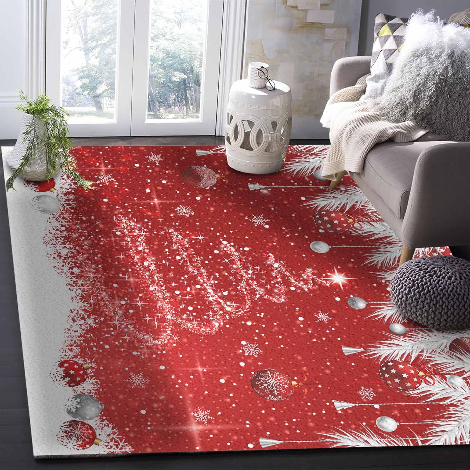 Amazon.com: Christmas Area Rug, Red Xmas Tree Balls Pine Needle ...
