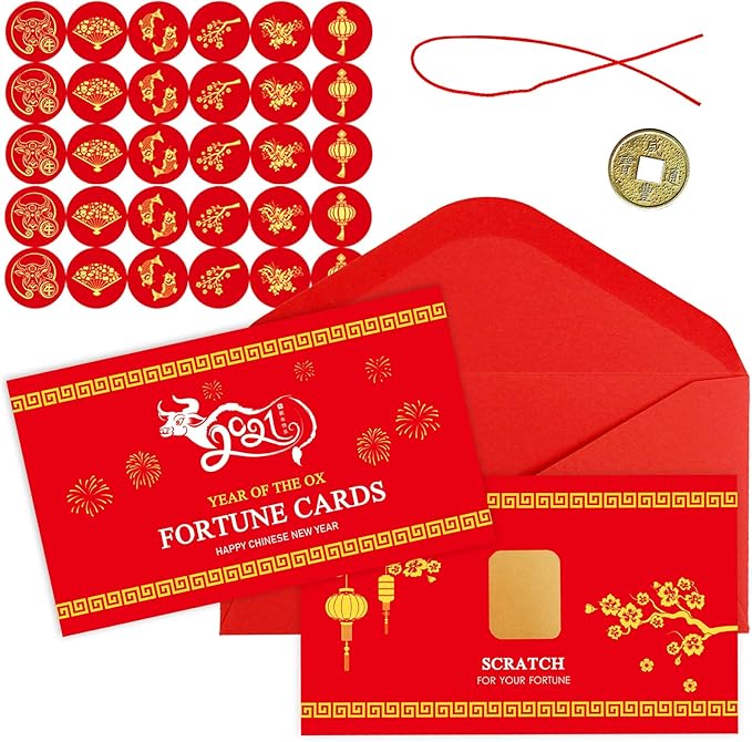 Amazon.com: Winlyn 28 Sets Chinese New Year Fortune Cards with Red ...