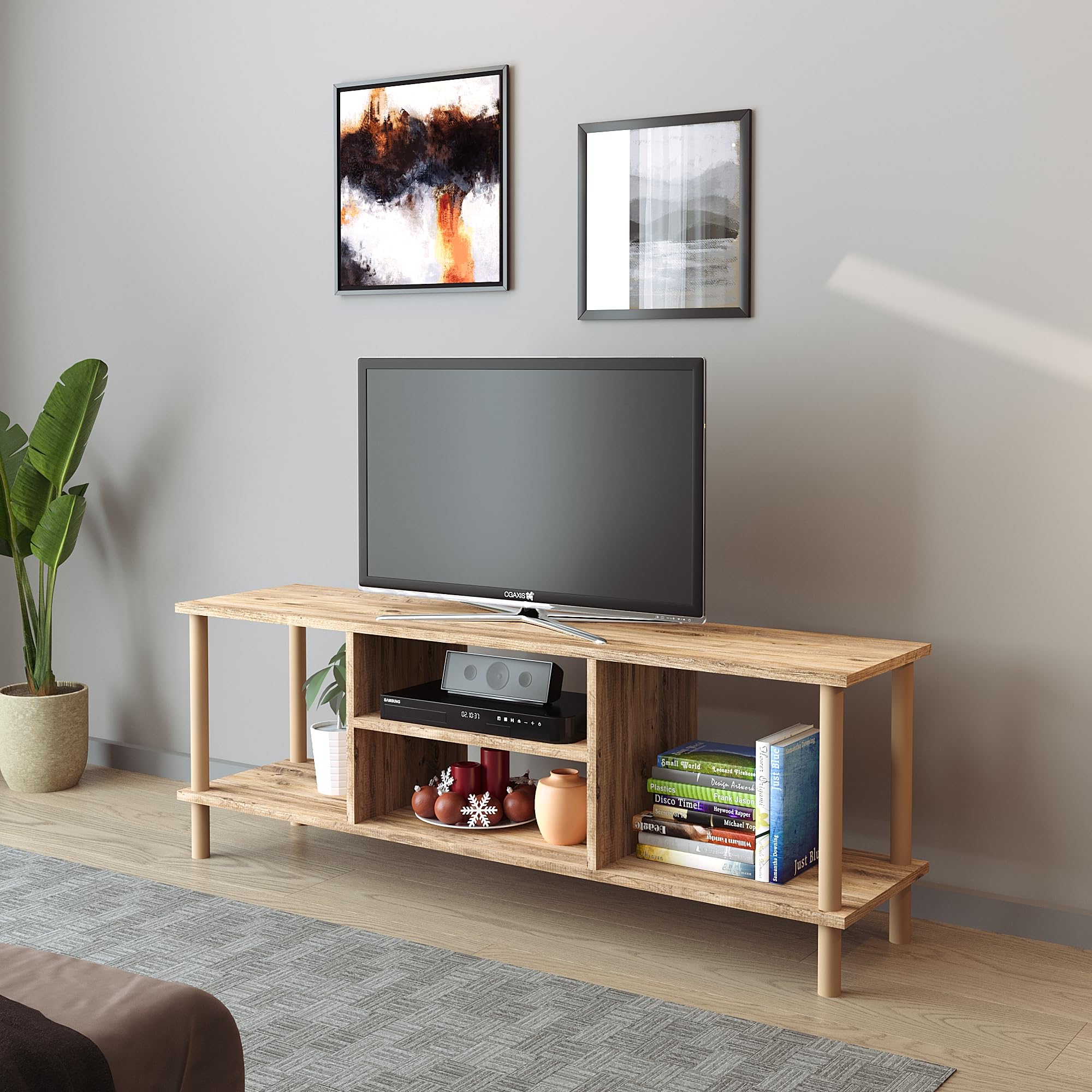 JV Home Self Oak TV Stand Stylish Entertainment TV Bench with Shelves ...