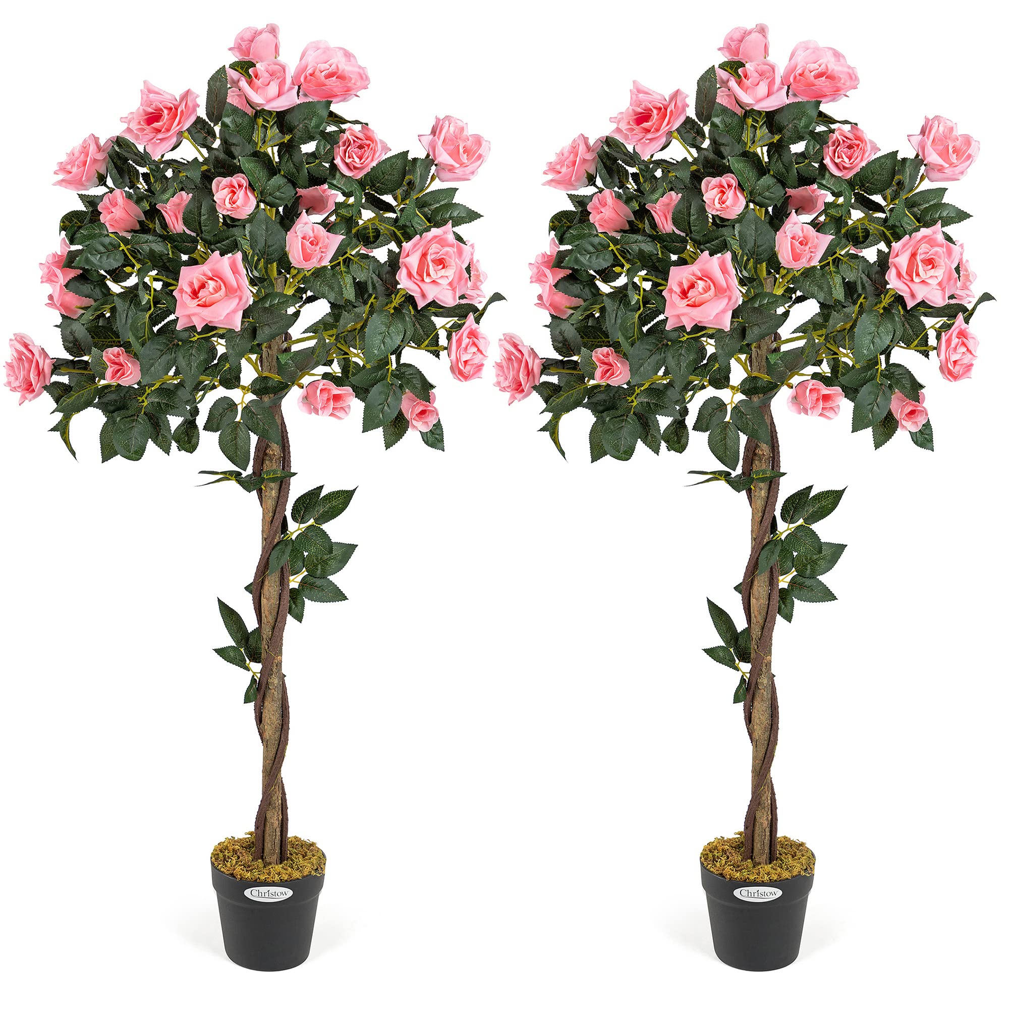 CHRISTOW 2 Artificial Rose Trees Pink Flowers Twisted Trunk Potted ...