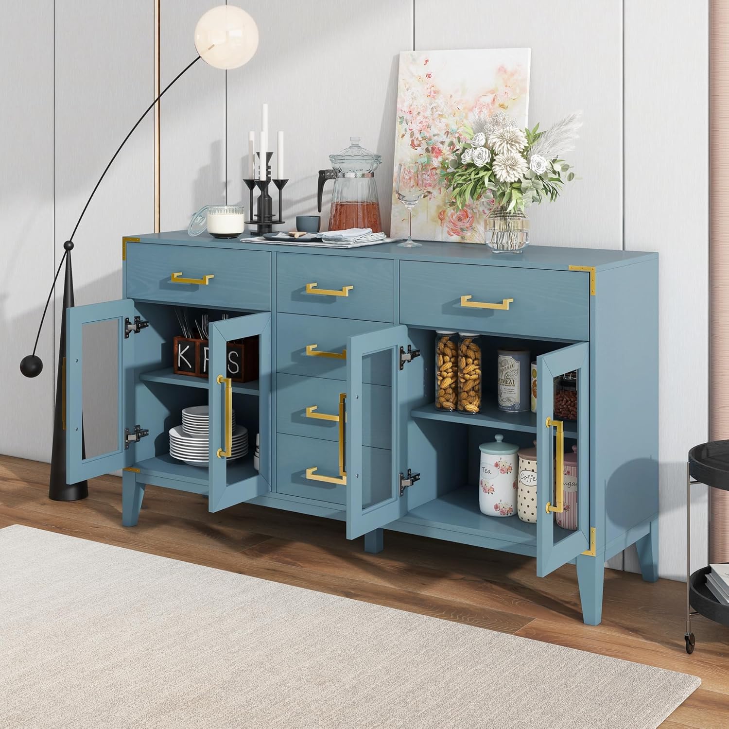 Amazon.com - Miscoos, Antique Blue Retro Sideboard with 6 Drawers & 2 ...