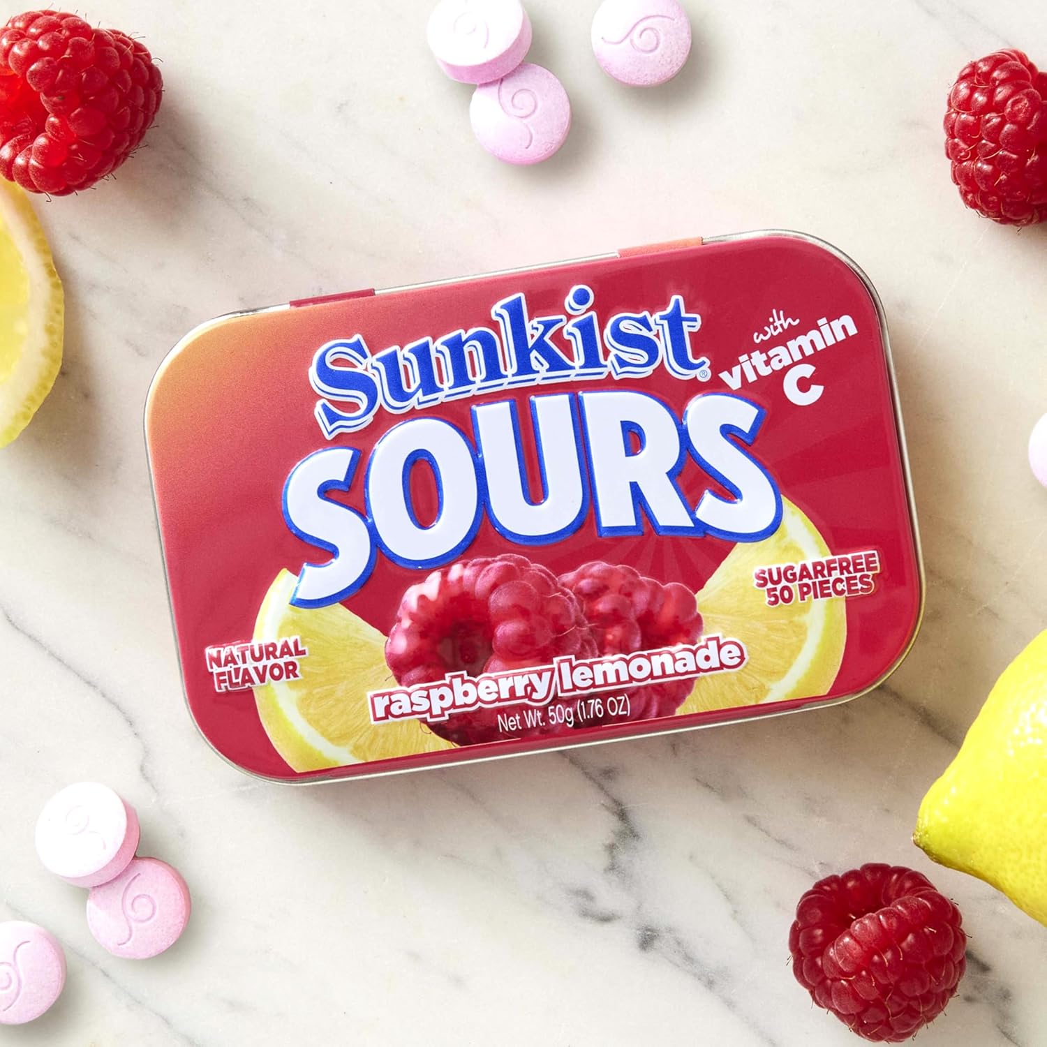 Sunkist Sours Raspberry Lemonade Sugar Free Sour Candy Tin - 6 Count ...