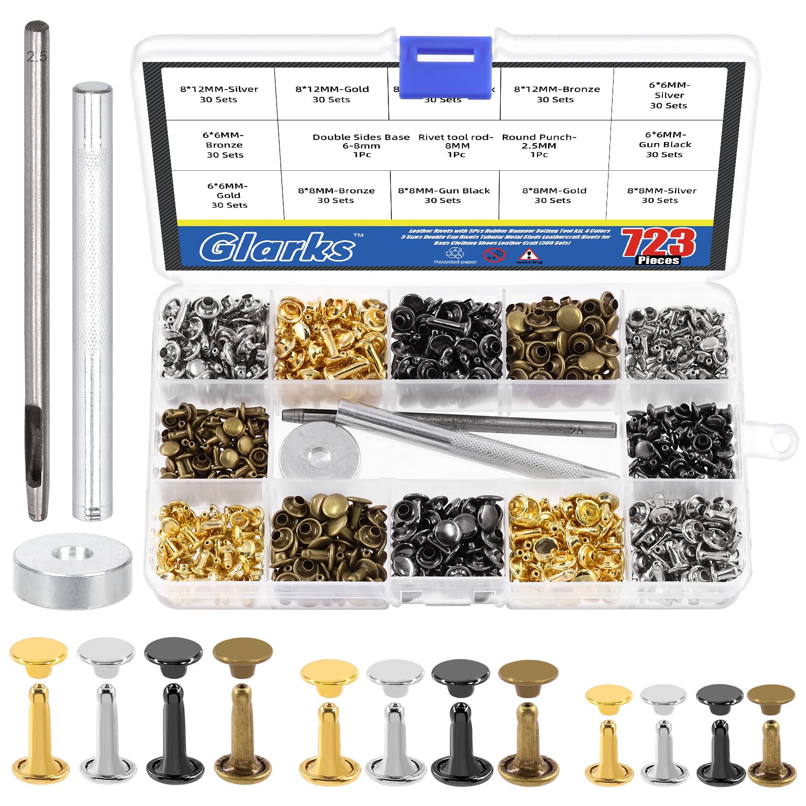 Glarks 360 Sets Leather Rivets with 3Pcs Setting Tool Kit, 4 Colors 3 ...