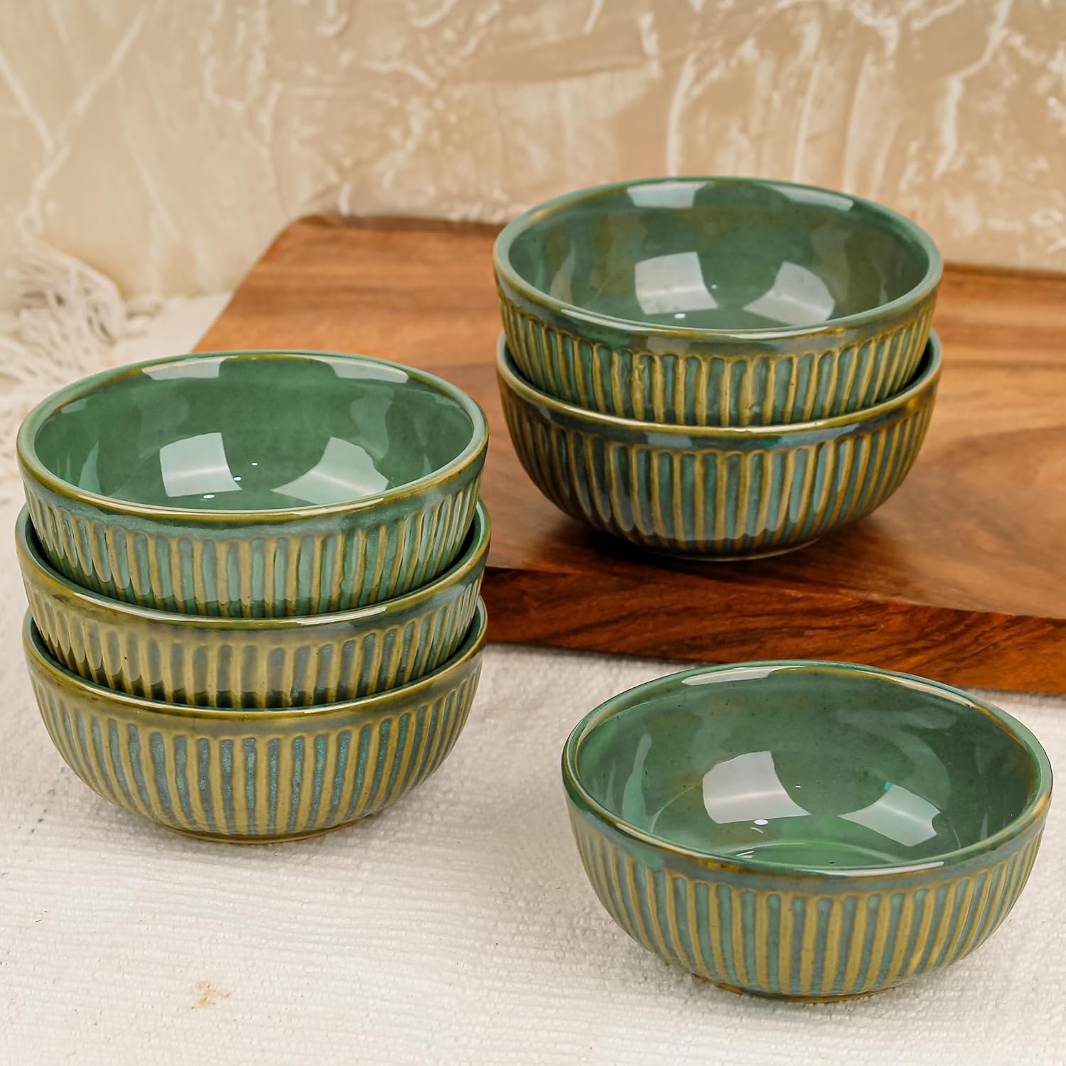The Earth Store Glam Green Ceramic Bowl Set of 6, 250 ML Each ...