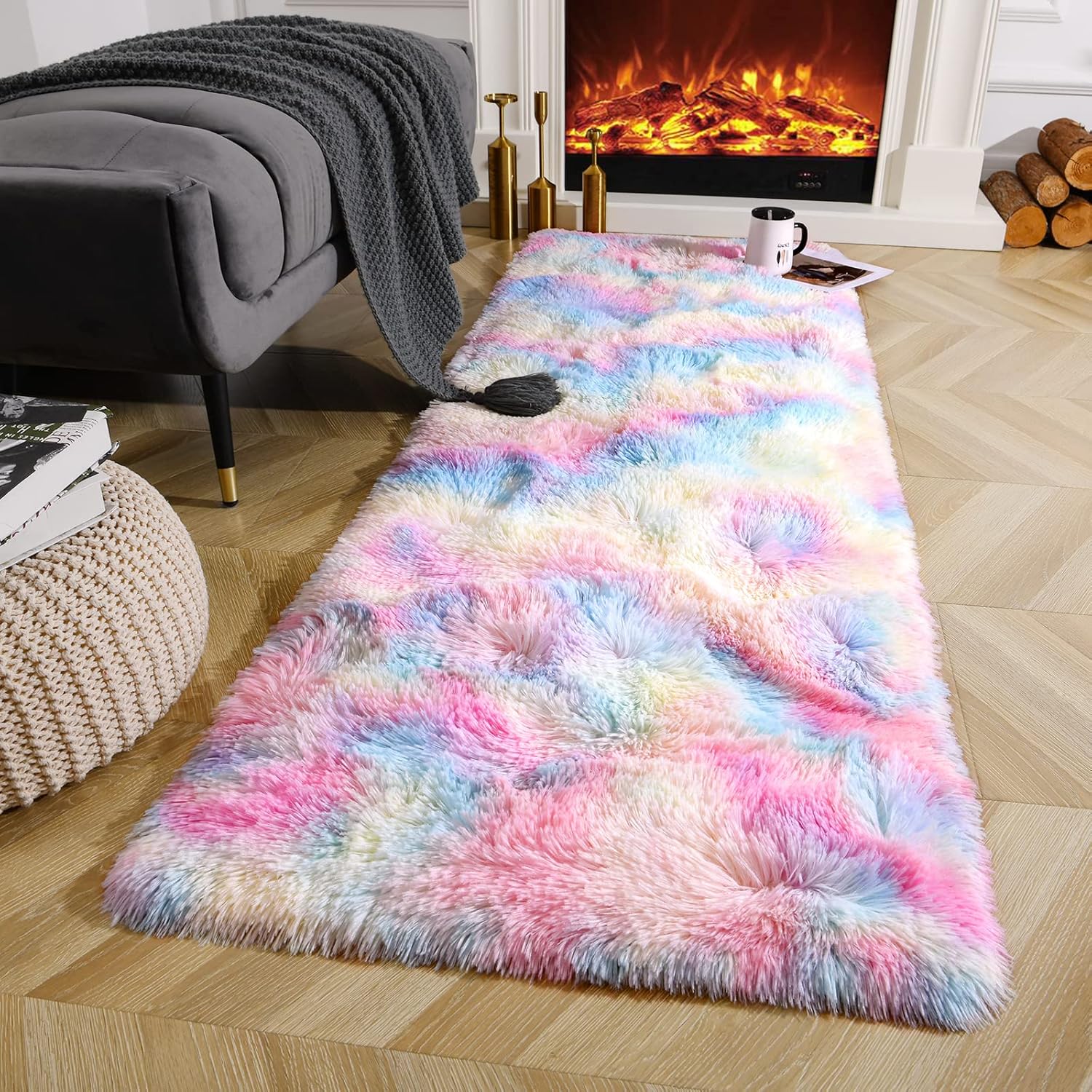 Amazon.com: Ompaa Soft Fluffy Rainbow Runner Rug for Girls Bedroom ...