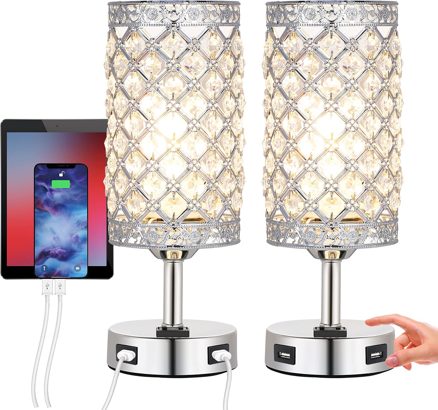 Tomshine Touch Control Crystal Table Lamp with Dual USB Charging Ports ...