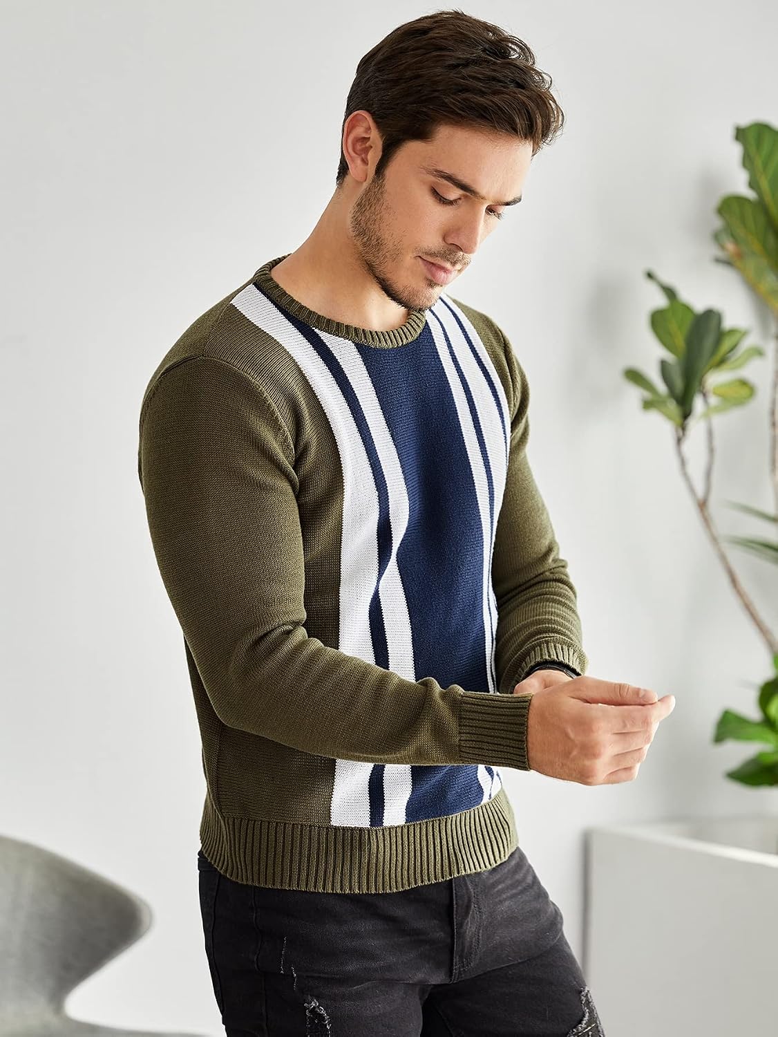 Amazon.com: OSHHO Sweaters for Men - Men Striped Pattern Colorblock ...