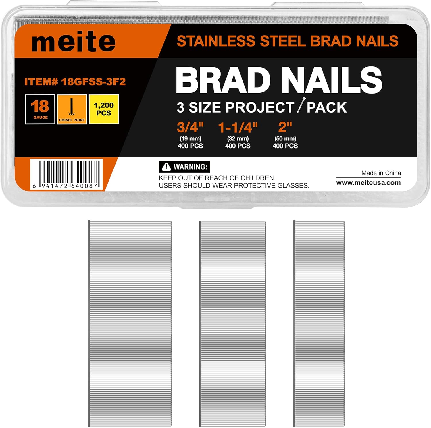 meite 18 Gauge Brad Nails Stainless Steel, Assorted 3 Sizes (3/4", 1-1/4", 2-Inch) Finish Nails ...