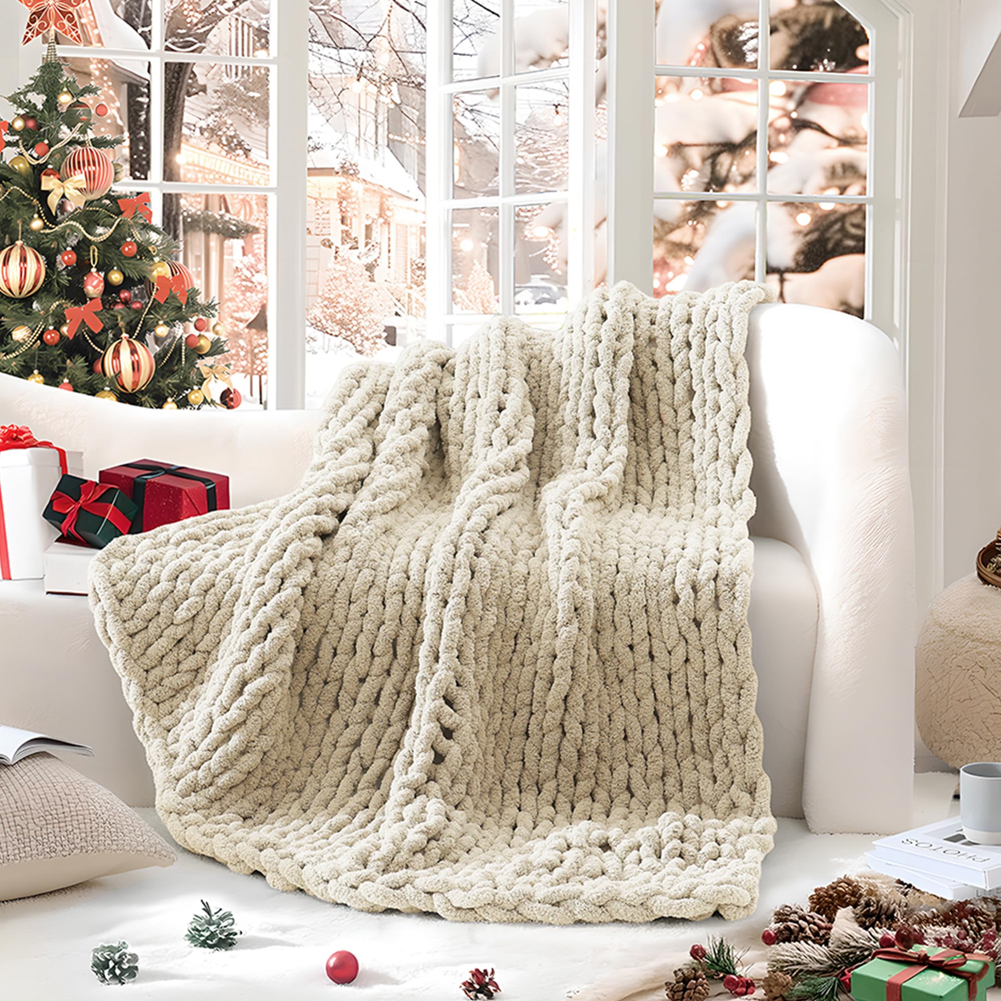Amazon.com: WRENSONGE Chunky Knit Blanket, Beige Large Chunky Knit ...