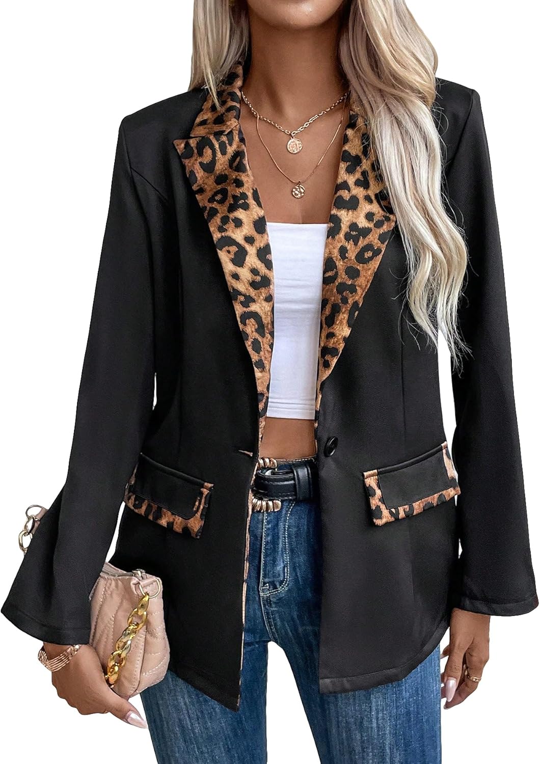 WDIRARA Women's Leopard Print Shawl Collar Single Button Long Sleeve ...