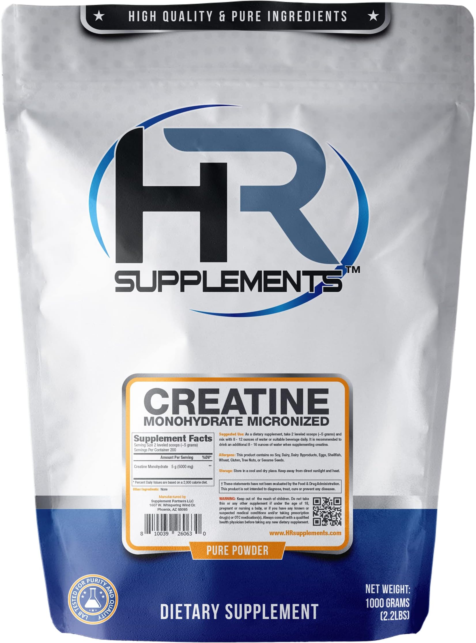 Amazon.com: HR Supplements Creatine Monohydrate Micronized Powder, 1 ...