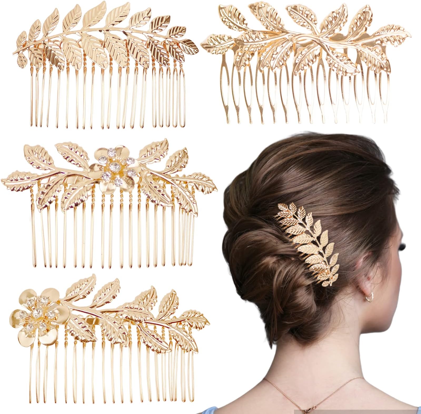 Amazon.com : 6 PCS Leaf Hair Side Combs Gold Rhinestone Hair Comb Clips ...