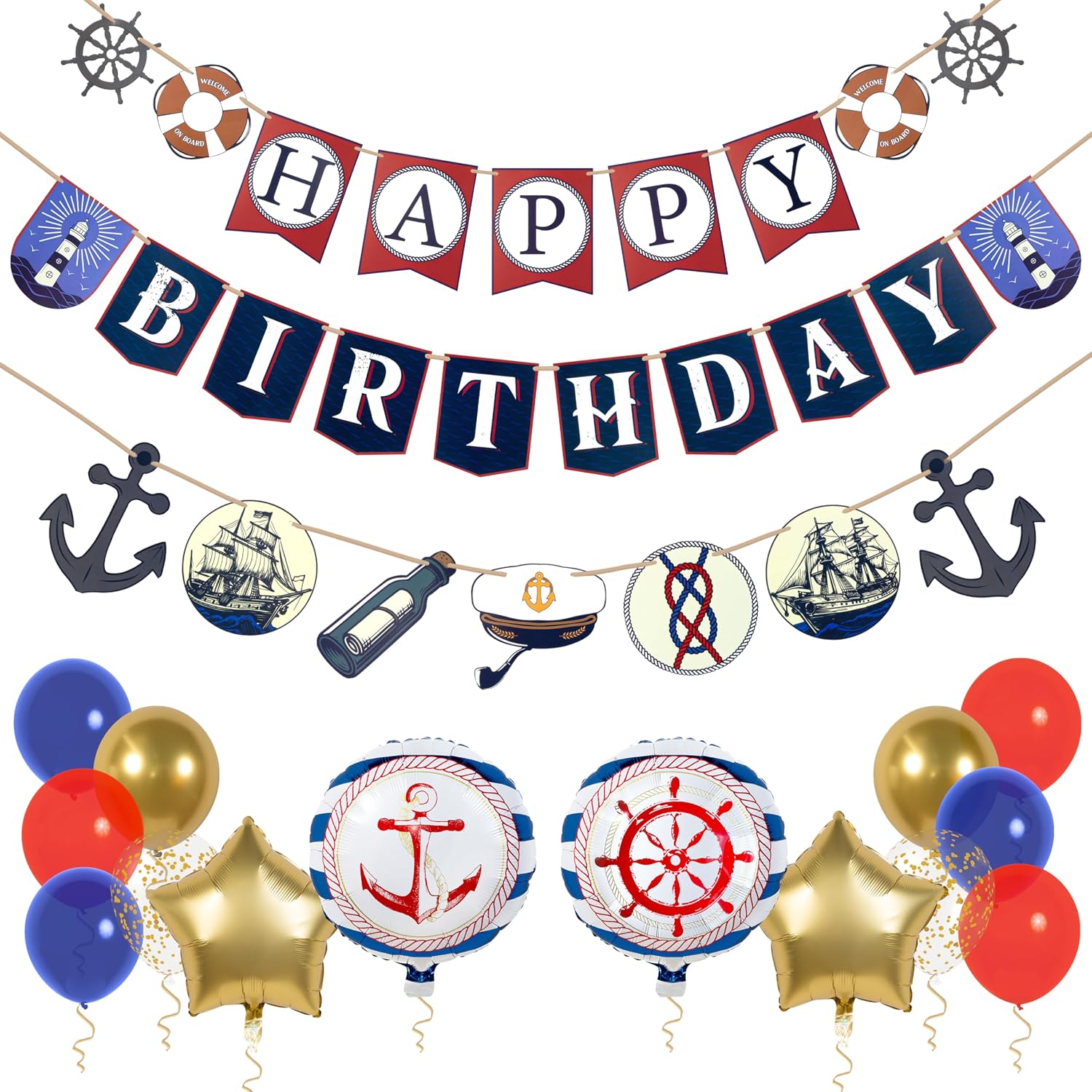 Amazon.com: Pirese Nautical Birthday Banner, Nautical Birthday ...