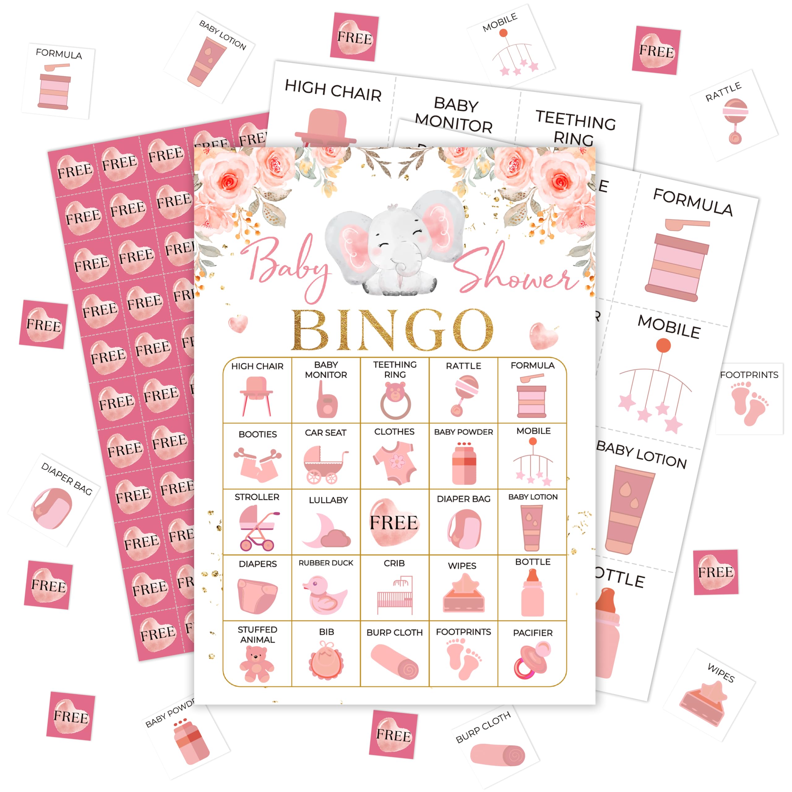 Amazon.com: Baby Shower Bingo Game, Blush Pink Elephant Baby Shower ...