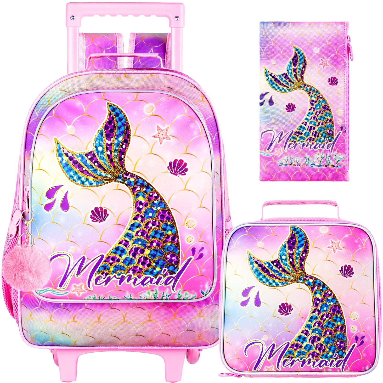 Amazon.com | HPJGD 3PCS Mermaid Rolling Backpack for Girls, Kids School ...