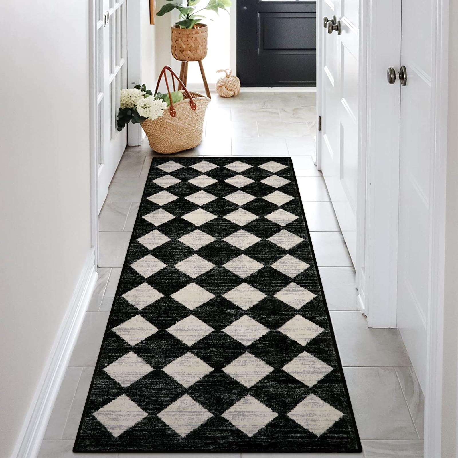 Lahome Moroccan Trellis Runner Rug - 2x6 Washable Black Bathroom Runner ...