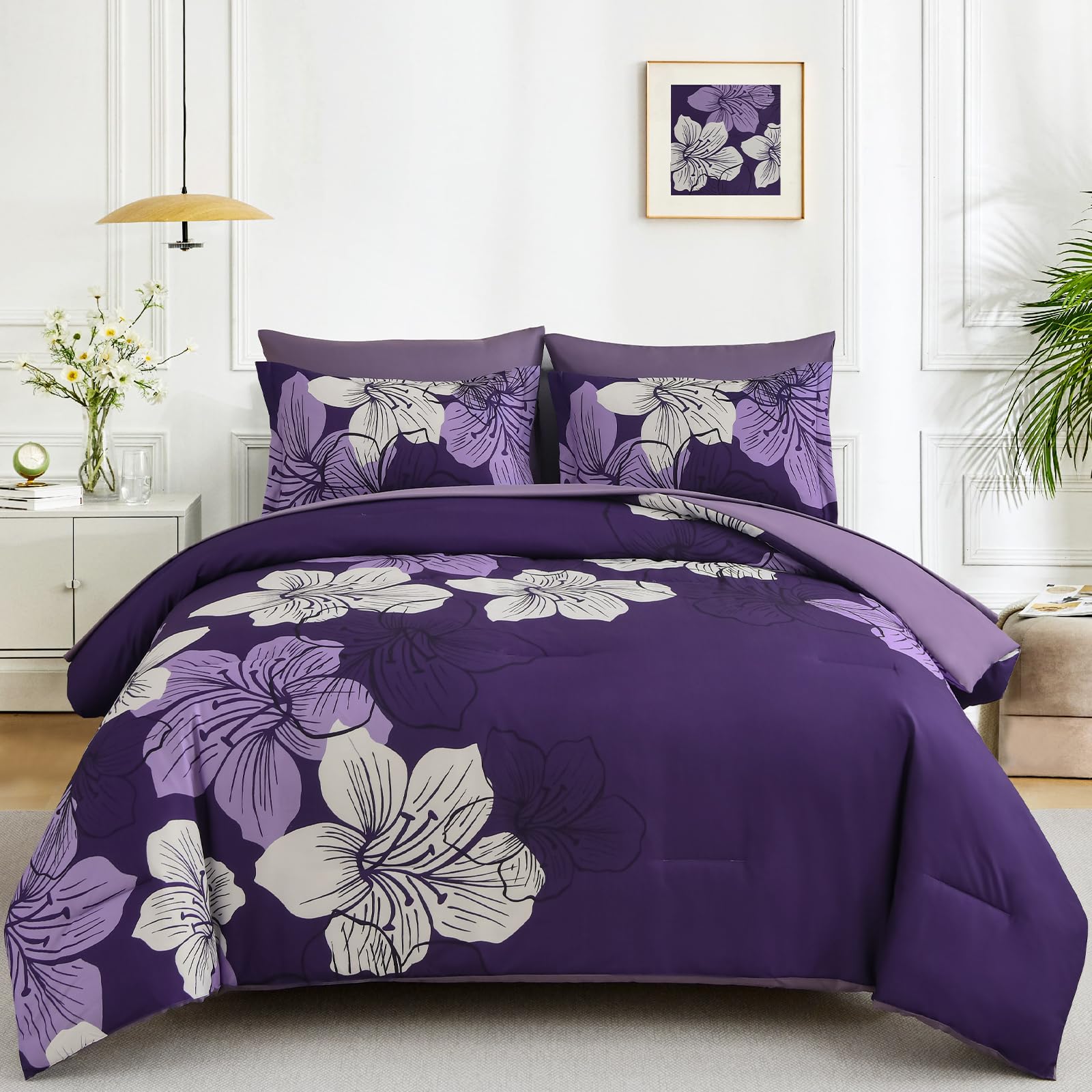 Luxudecor Dark Purple Comforter Set Queen Size, 7 Pieces Bed in a Bag ...