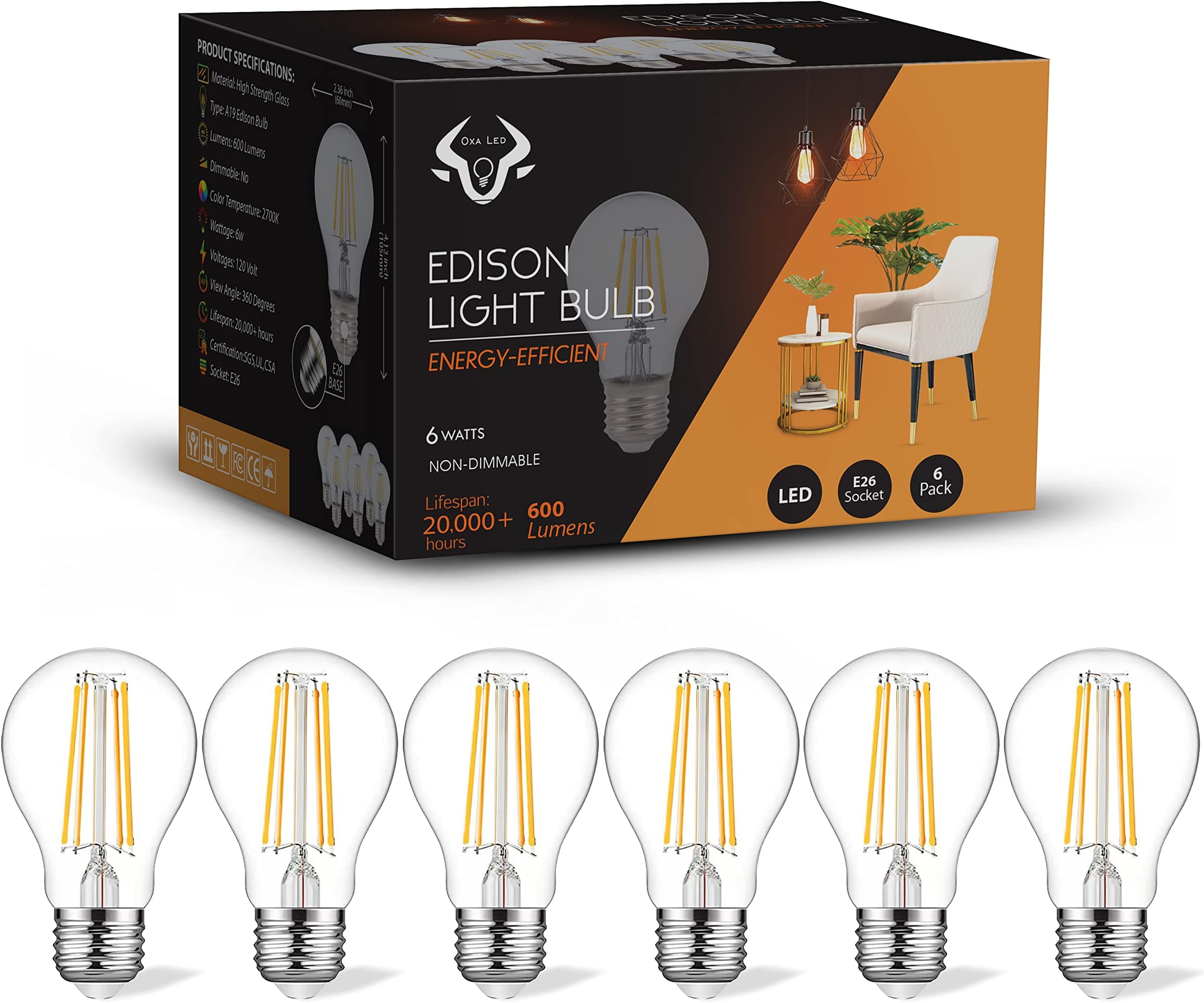 OXA LED™ 6-Pack – A19 – LED Edison Light Bulbs – 6W (60W Equivalent ...